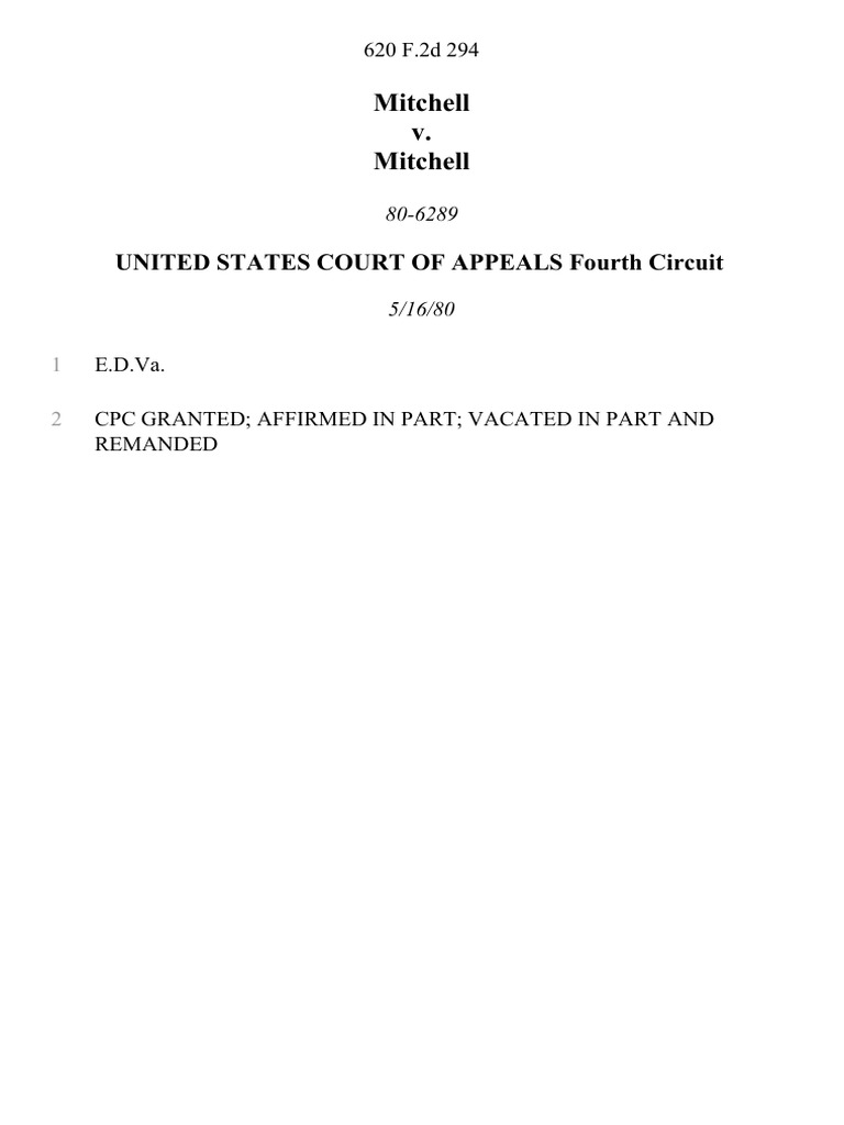 Mitchell v. Mitchell, 620 F.2d 294, 4th Cir. (1980) | PDF Mitchell v. Mitchell, 620 F.2d 294, 4th Cir. (1980) | PDF