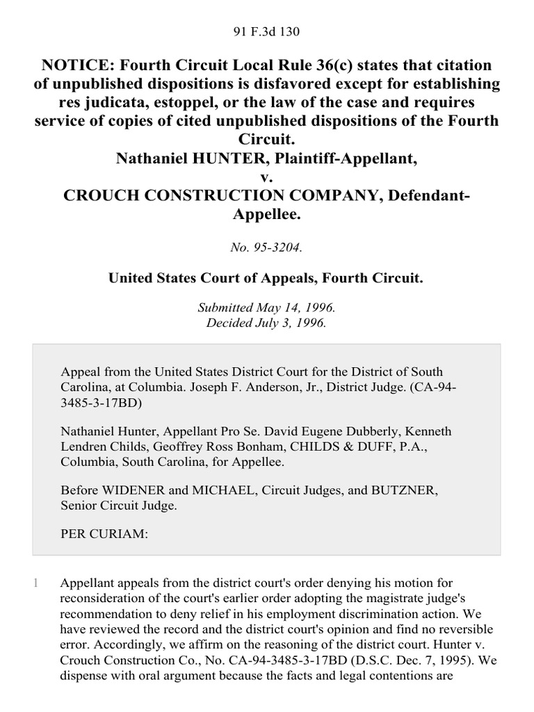 Nathaniel Hunter v. Crouch Construction Company, 91 F.3d 130, 4th Cir ...