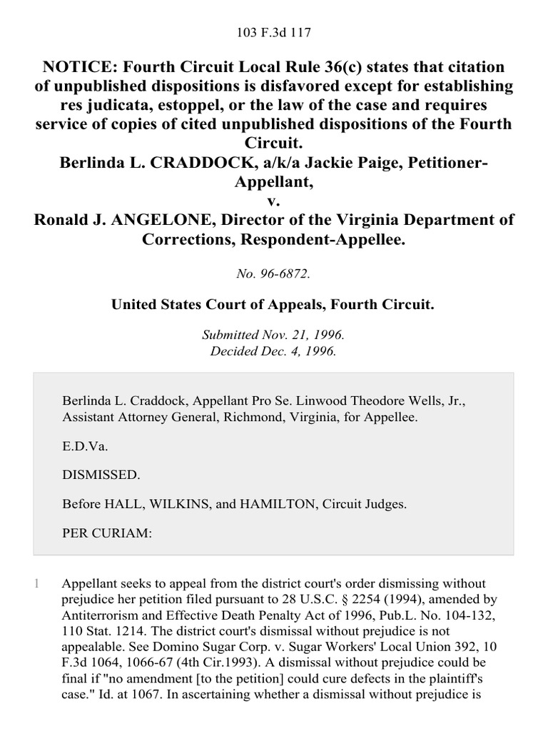 Berlinda L. Craddock, A/K/A Jackie Paige v. Ronald J. Angelone ...