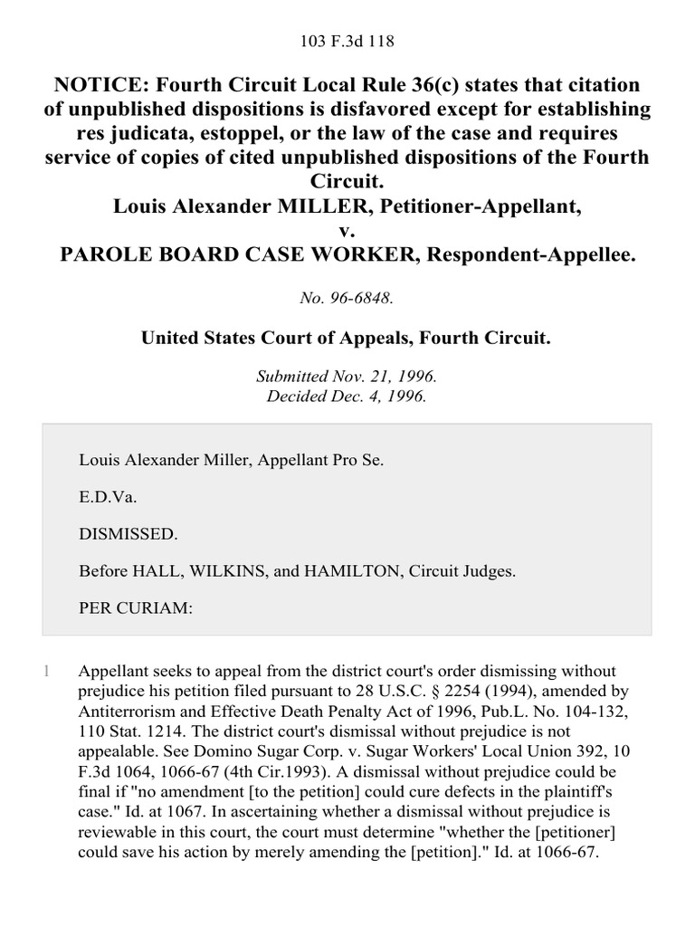 Louis Alexander Miller v. Parole Board Case Worker, 103 F.3d 118, 4th ...