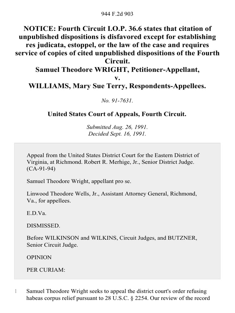 Samuel Theodore Wright v. Williams, Mary Sue Terry, 944 F.2d 903, 4th ...