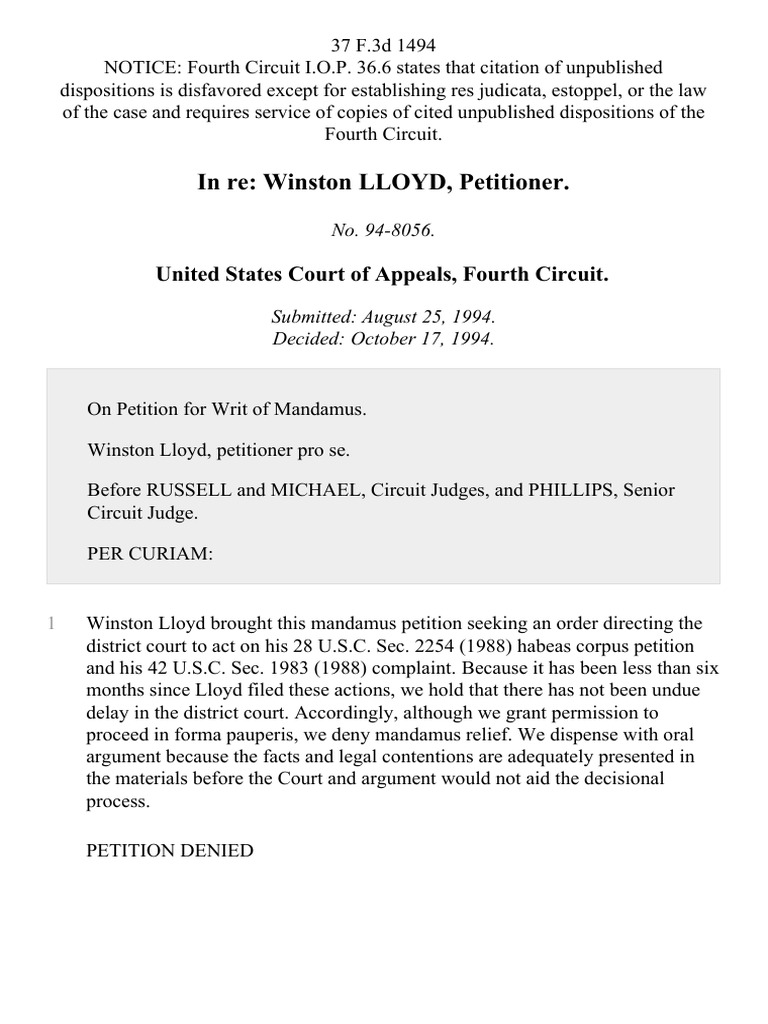 In Re: Winston Lloyd, 37 F.3d 1494, 4th Cir. (1994) | PDF