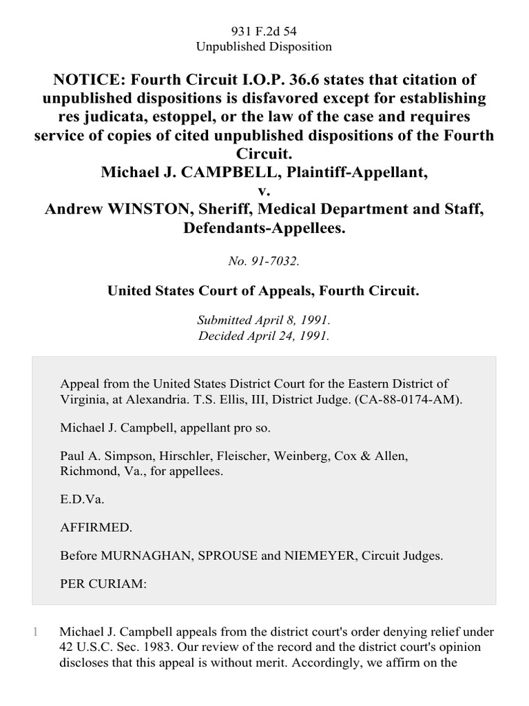 Michael J. Campbell v. Andrew Winston, Sheriff, Medical Department and ...