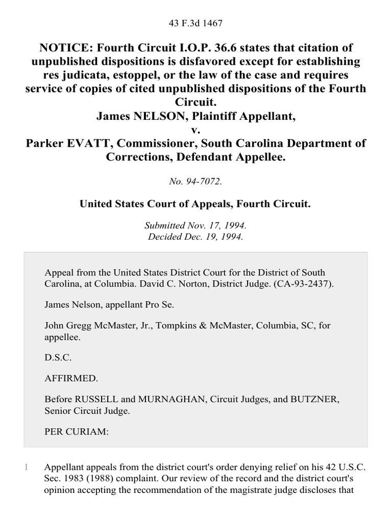 James Nelson v. Parker Evatt, Commissioner, South Carolina Department ...