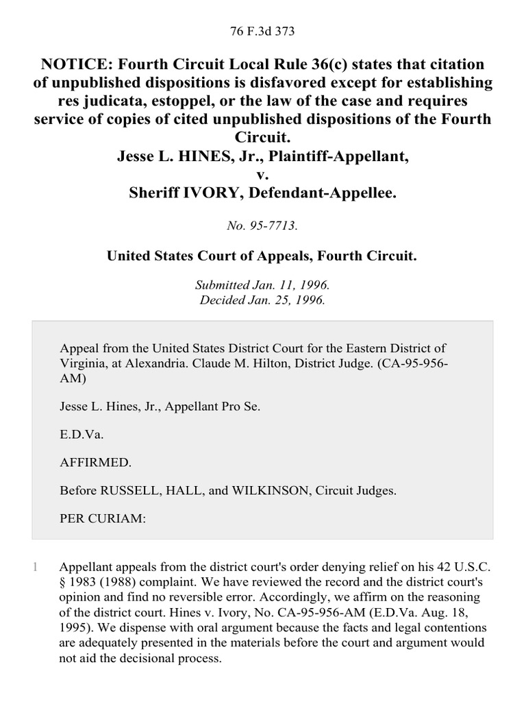 Jesse L. Hines, Jr. v. Sheriff Ivory, 76 F.3d 373, 4th Cir. (1996) | PDF