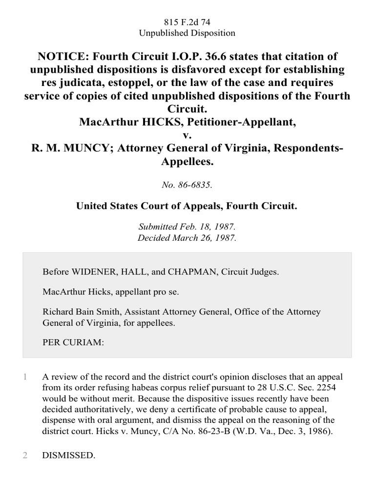 MacArthur Hicks v. R. M. Muncy Attorney General of Virginia, 815 F.2d ...