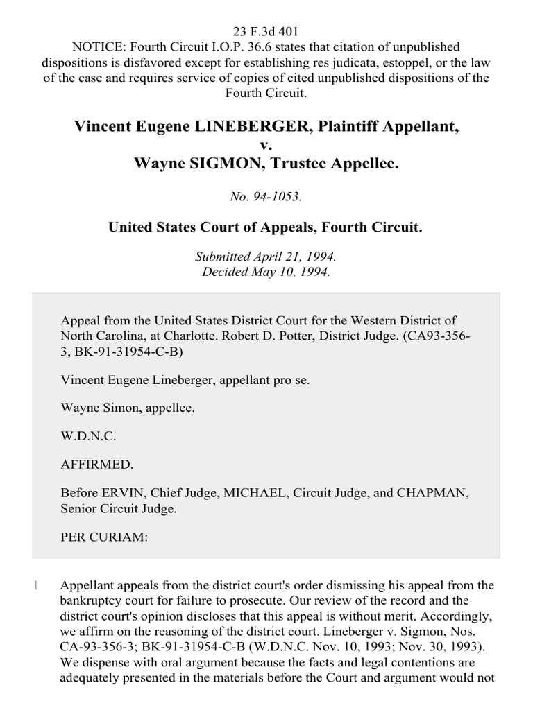 Vincent Eugene Lineberger v. Wayne Sigmon, Trustee, 23 F.3d 401, 4th ...