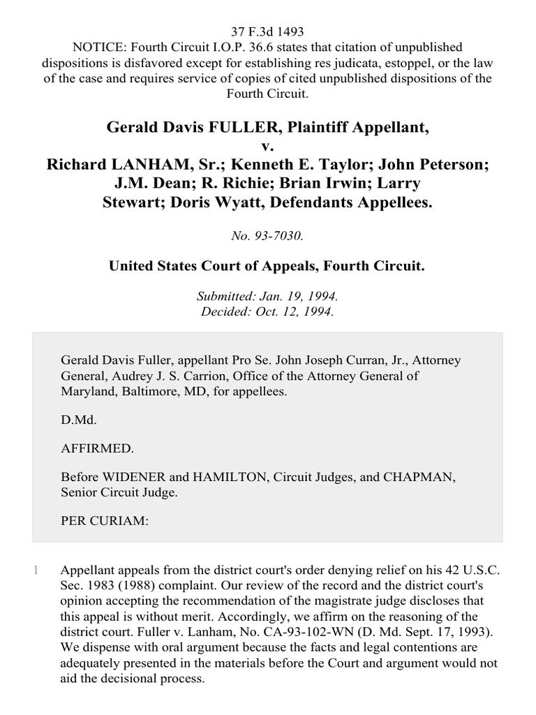 Gerald Davis Fuller v. Richard Lanham, Sr. Kenneth E. Taylor John ...