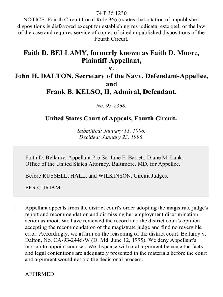 Faith D. Bellamy, Formerly Known As Faith D. Moore v. John H. Dalton ...
