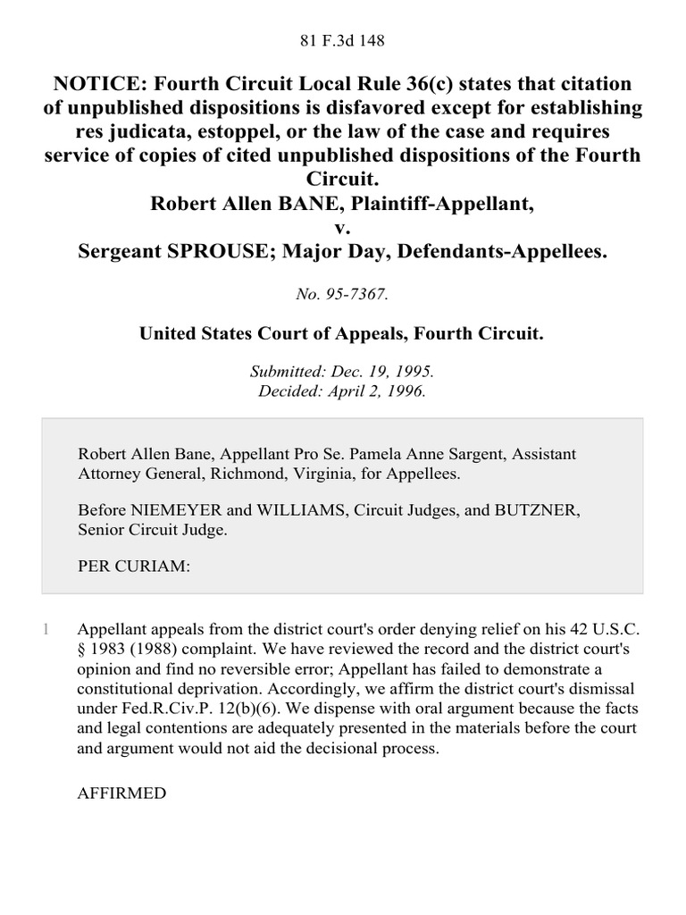 Robert Allen Bane v. Sergeant Sprouse Major Day, 81 F.3d 148, 4th Cir ...