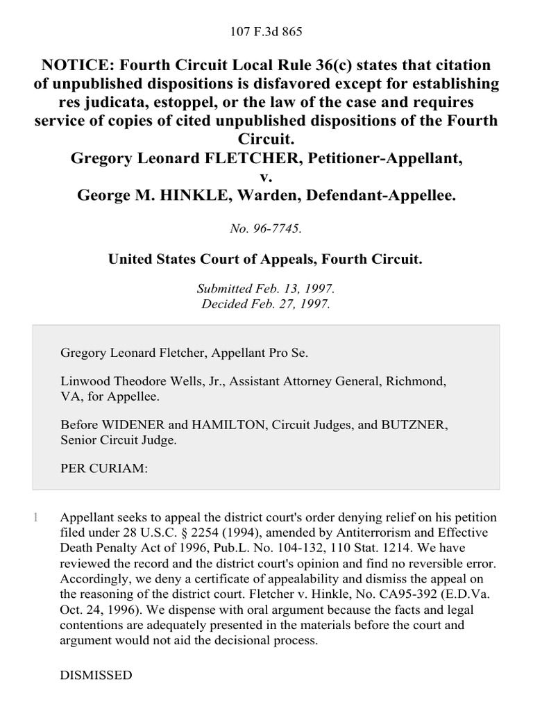 Gregory Leonard Fletcher v. George M. Hinkle, Warden, 107 F.3d 865, 4th ...