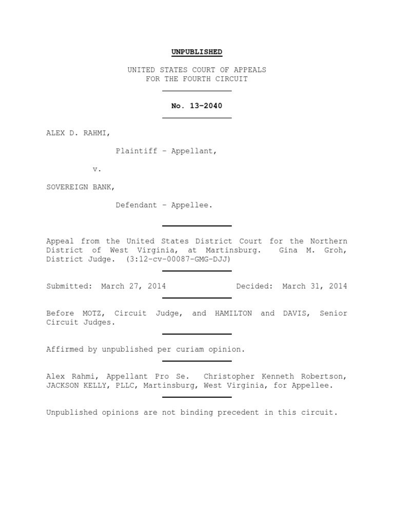 Alex Rahmi v. Sovereign Bank, 4th Cir. (2014) | PDF