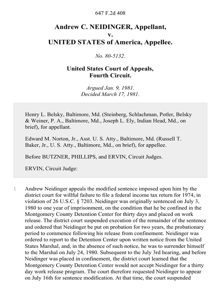 Andrew C. Neidinger v. United States, 647 F.2d 408, 4th Cir. (1981 ...