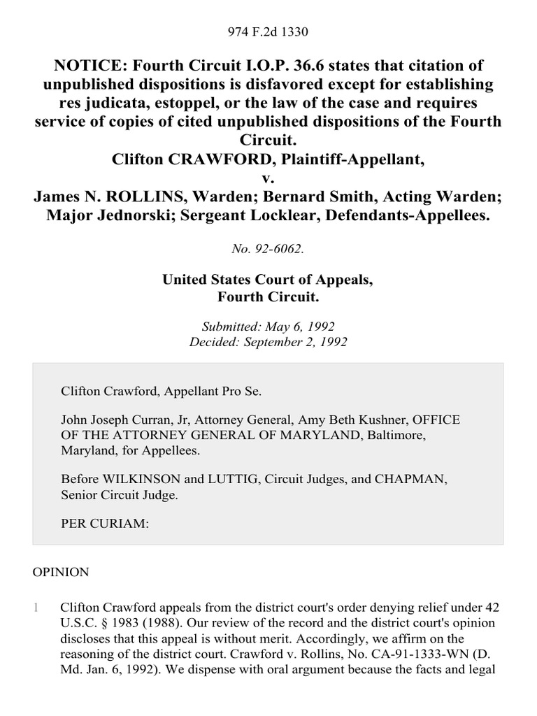 Clifton Crawford v. James N. Rollins, Warden Bernard Smith, Acting ...