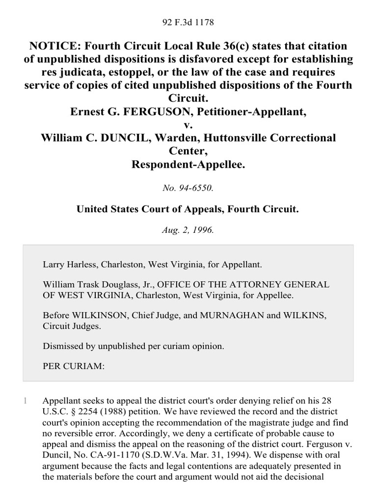 Ernest G. Ferguson v. William C. Duncil, Warden, Huttonsville ...