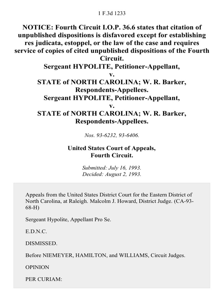 Sergeant Hypolite v. State of North Carolina W. R. Barker, Sergeant ...