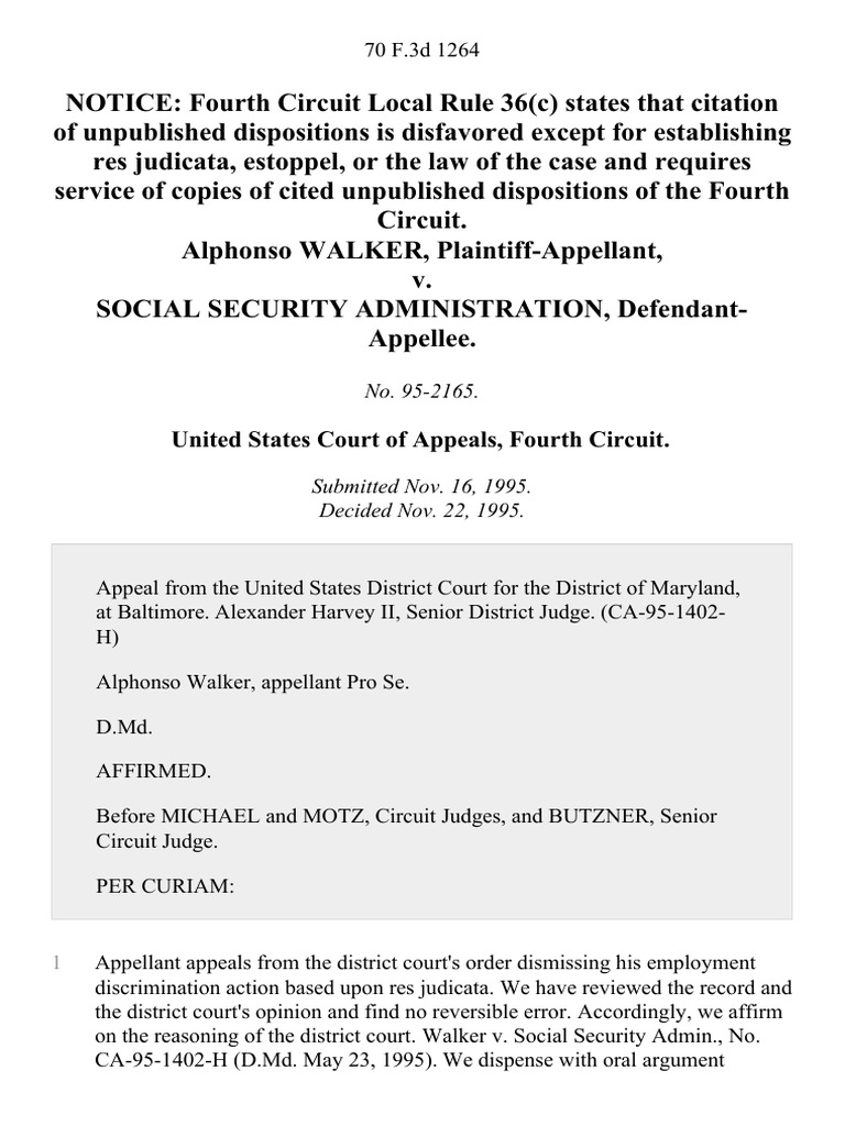 Alphonso Walker v. Social Security Administration, 70 F.3d 1264, 4th ...