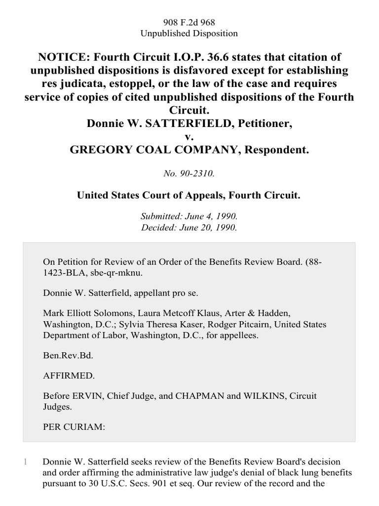 Donnie W. Satterfield v. Gregory Coal Company, 908 F.2d 968, 4th Cir ...