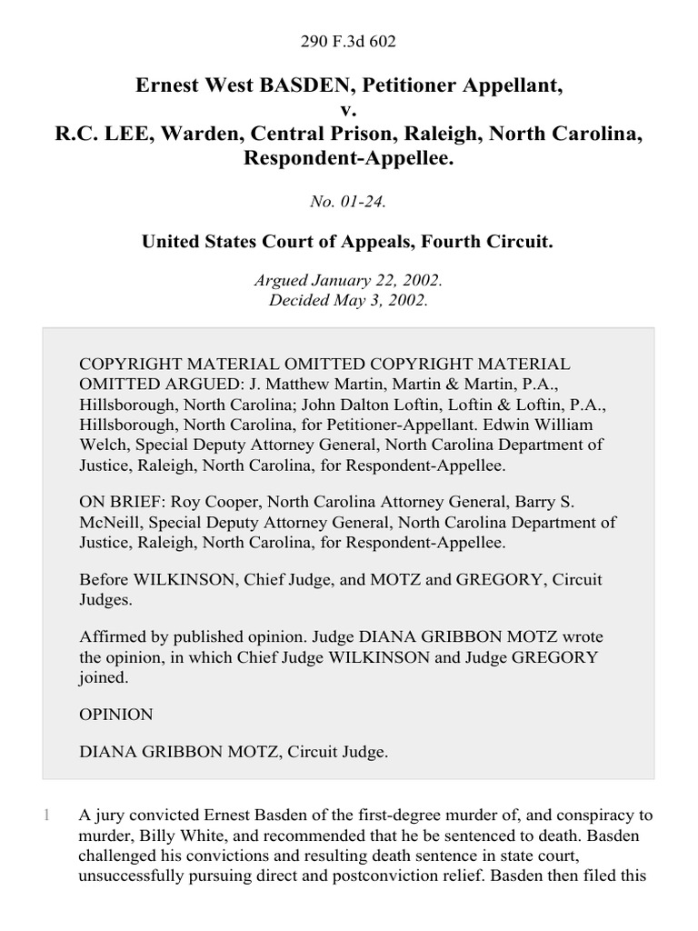 Ernest West Basden v. R.C. Lee, Warden, Central Prison, Raleigh, North ...