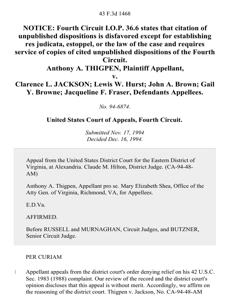 Anthony A. Thigpen v. Clarence L. Jackson Lewis W. Hurst John A. Brown ...