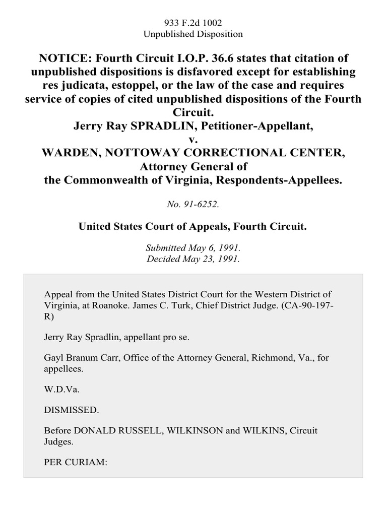 Jerry Ray Spradlin v. Warden, Nottoway Correctional Center, Attorney ...