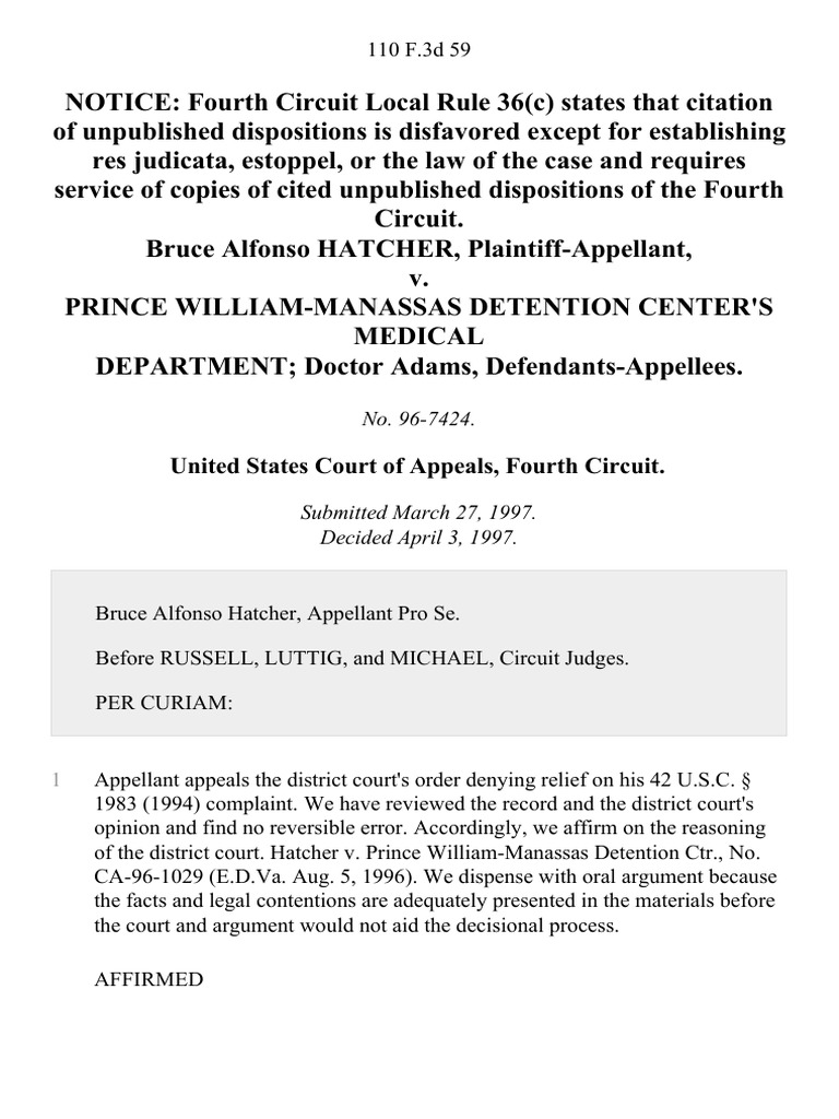 Bruce Alfonso Hatcher v. Prince William-Manassas Detention Center's ...