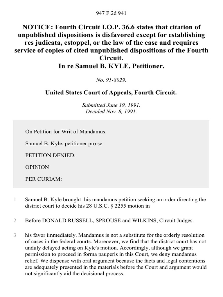 In Re Samuel B. Kyle, 947 F.2d 941, 4th Cir. (1991) | PDF