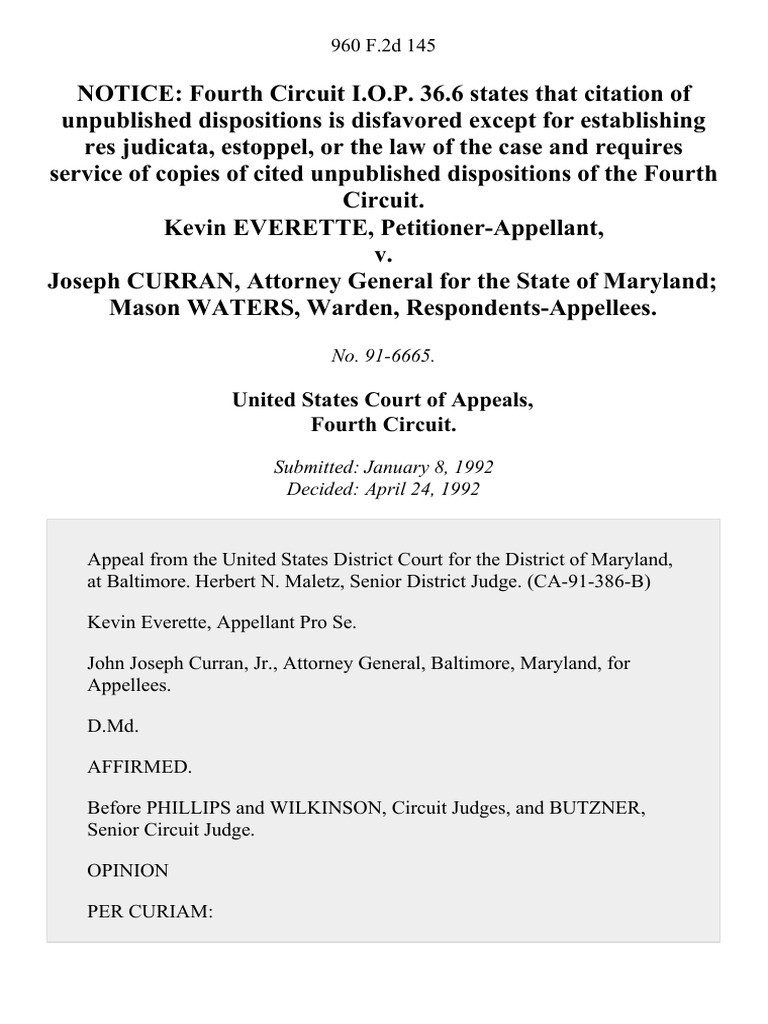 Kevin Everette v. Joseph Curran, Attorney General For The State of Maryland Mason Waters, Warden ...