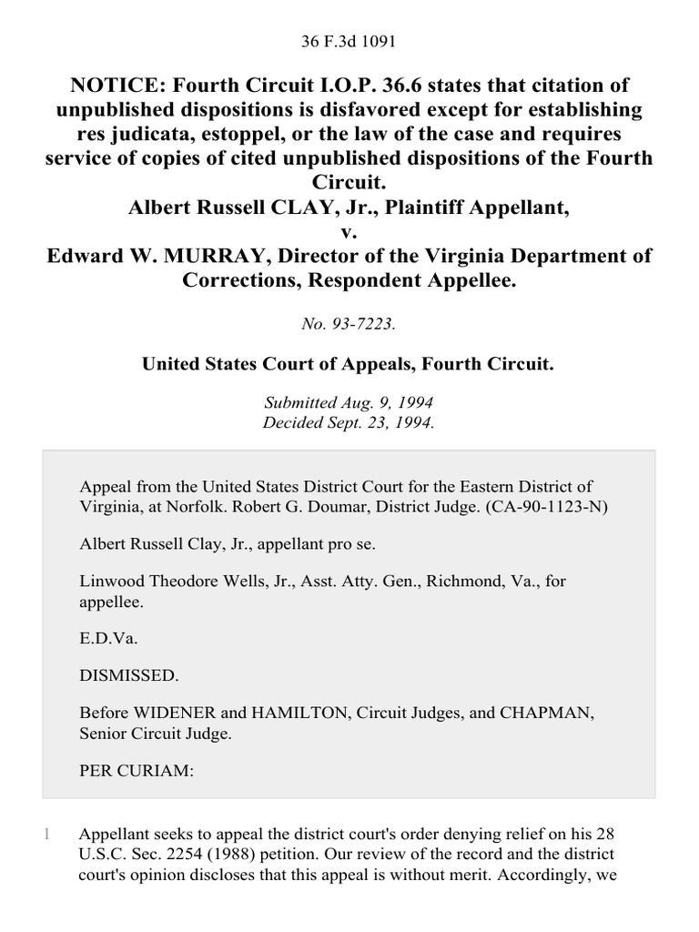 Albert Russell Clay, Jr. v. Edward W. Murray, Director of The Virginia Department of Corrections ...