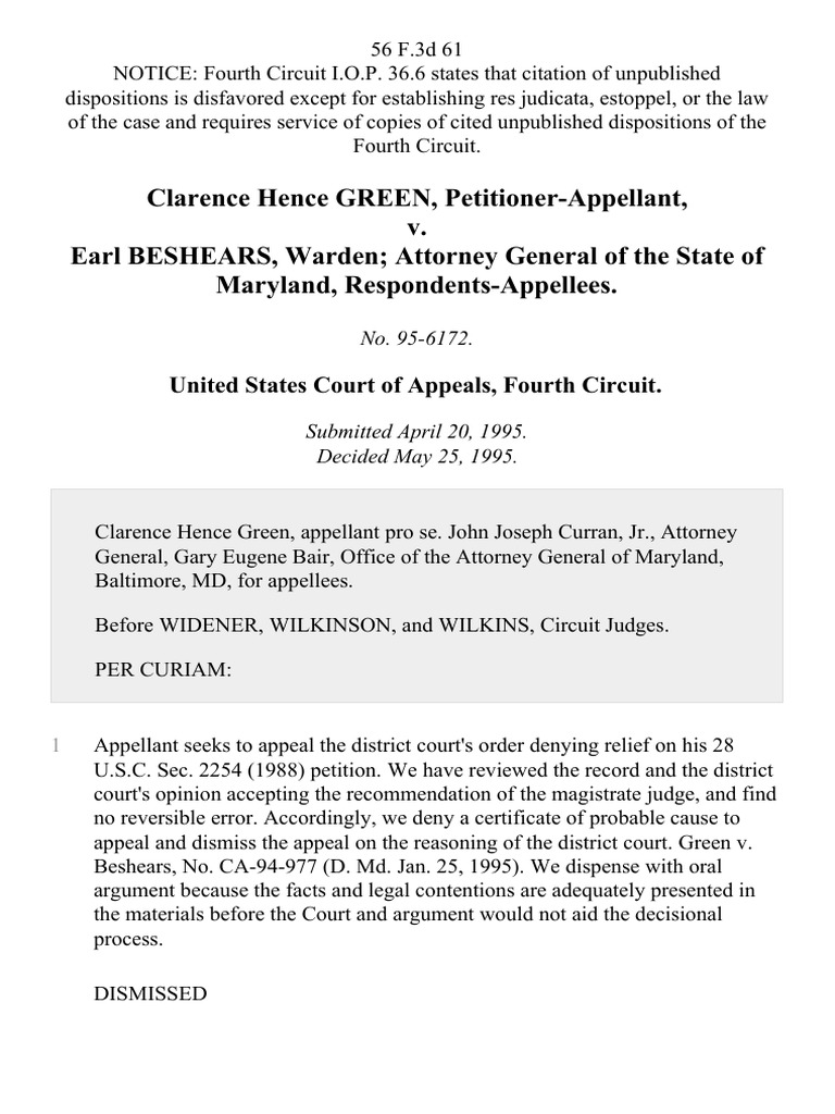 Clarence Hence Green V Earl Beshears Warden Attorney General Of The