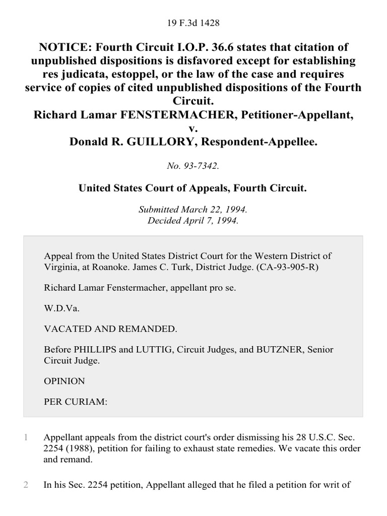 Richard Lamar Fenstermacher v. Donald R. Guillory, 19 F.3d 1428, 4th ...