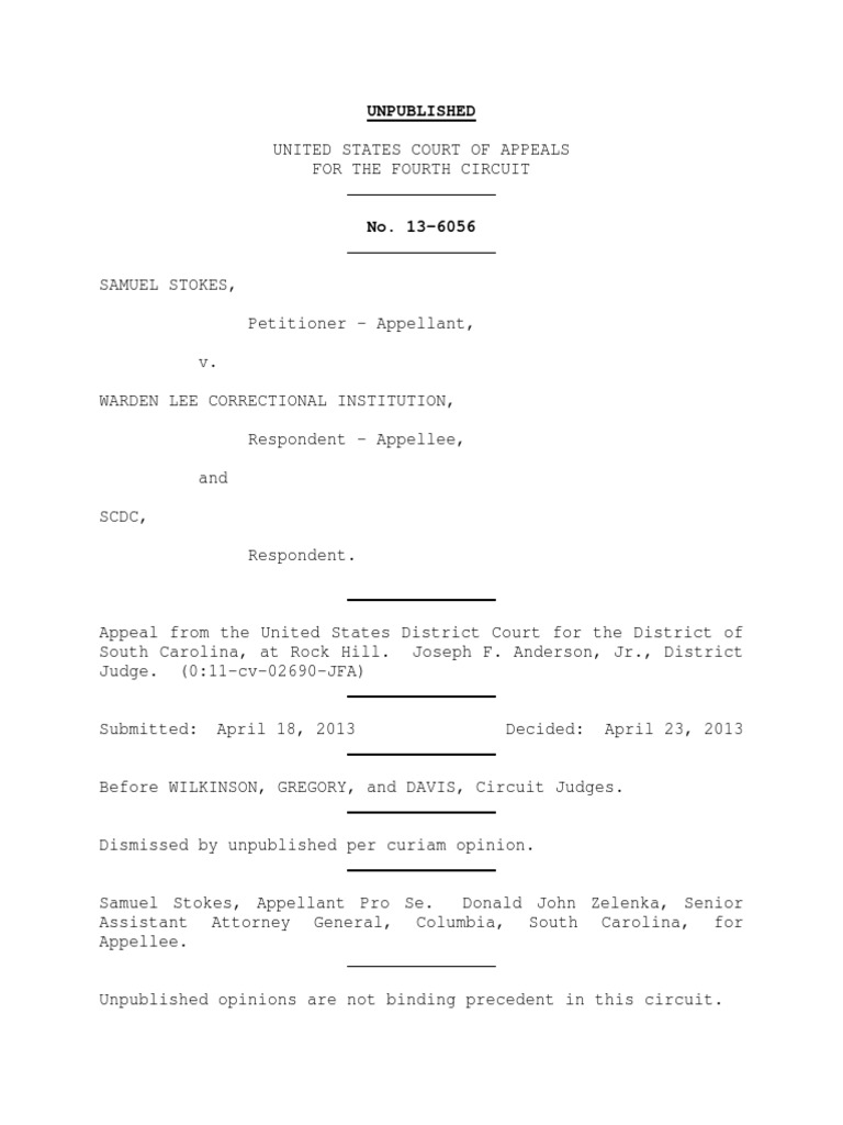 Samuel Stokes v. Warden of Lee Correctional, 4th Cir. (2013) | PDF
