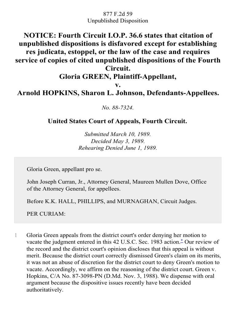 Gloria Green v. Arnold Hopkins, Sharon L. Johnson, 877 F.2d 59, 4th Cir ...