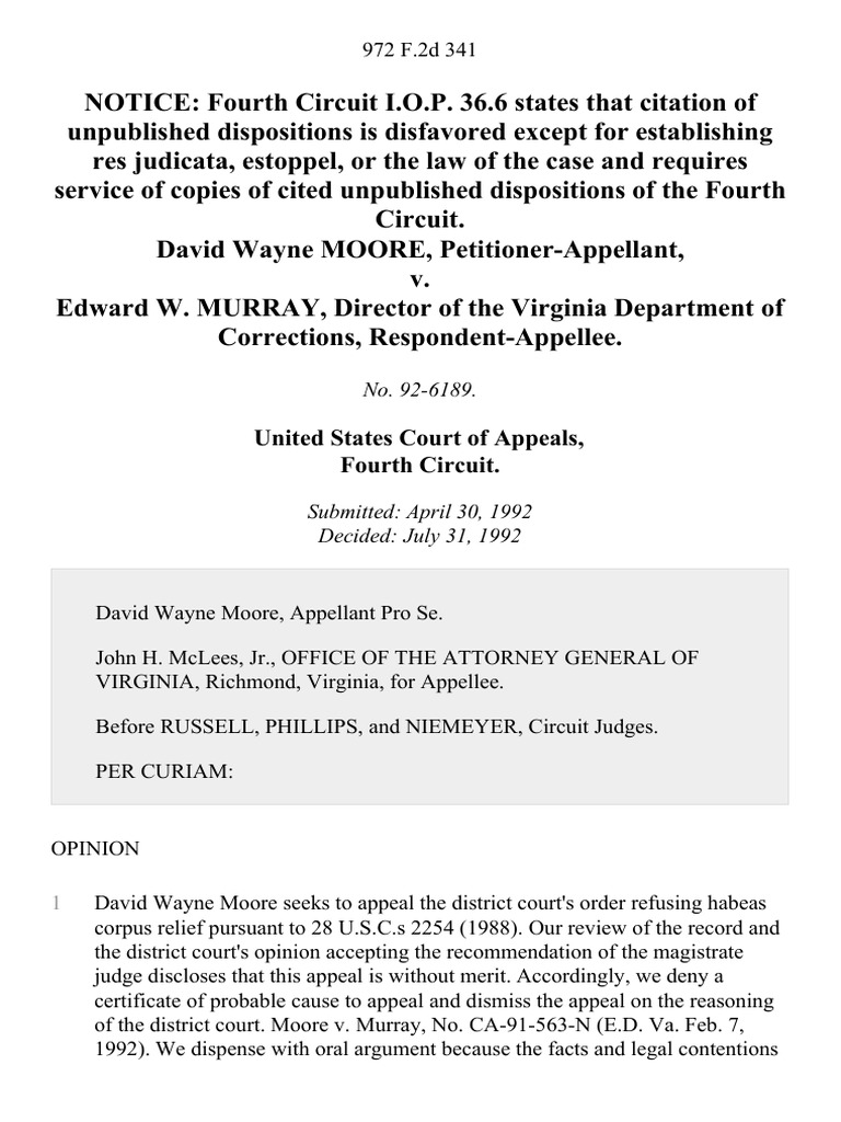 David Wayne Moore v. Edward W. Murray, Director of The Virginia ...