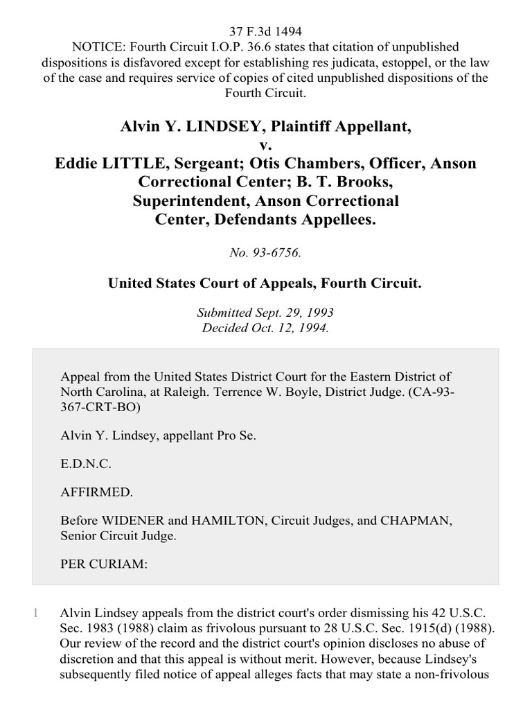 Alvin Y. Lindsey v. Eddie Little, Sergeant Otis Chambers, Officer ...
