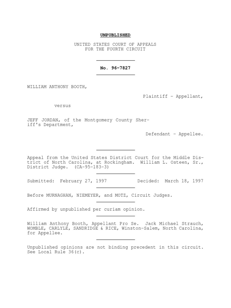 Booth v. Jordan, 4th Cir. (1997) | PDF | Appeal | Precedent
