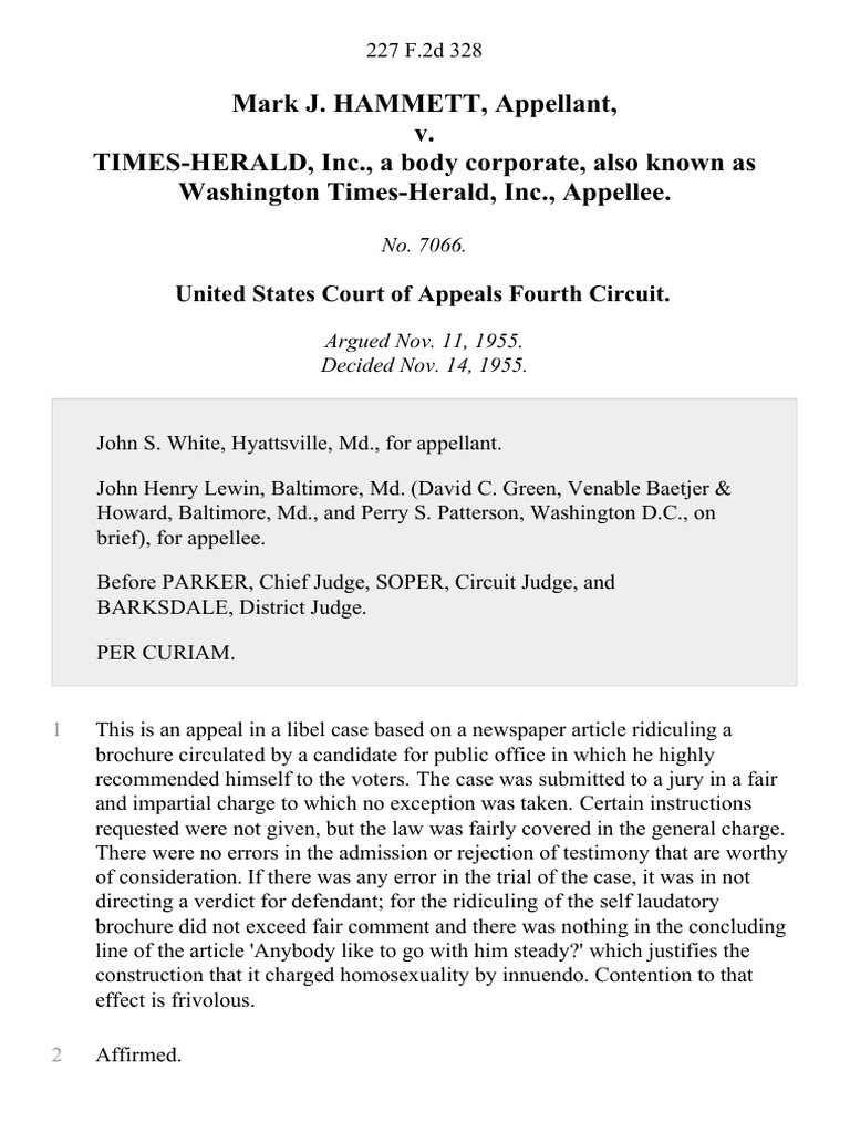 Mark J. Hammett v. Times-Herald, Inc., A Body Corporate, Also Known As ...