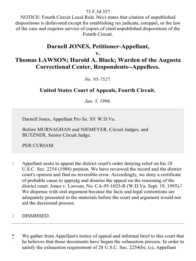 Darnell Jones v. Thomas Lawson Harold A. Black Warden of The Augusta Correctional Center, 73 F ...
