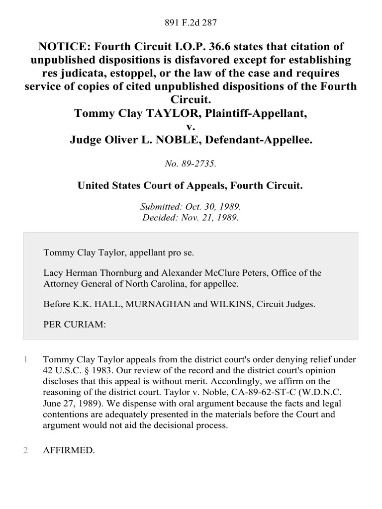 Tommy Clay Taylor v. Judge Oliver L. Noble, 891 F.2d 287, 4th Cir ...