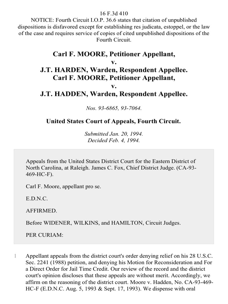 Carl F. Moore v. J.T. Harden, Warden, Carl F. Moore v. J.T. Hadden ...