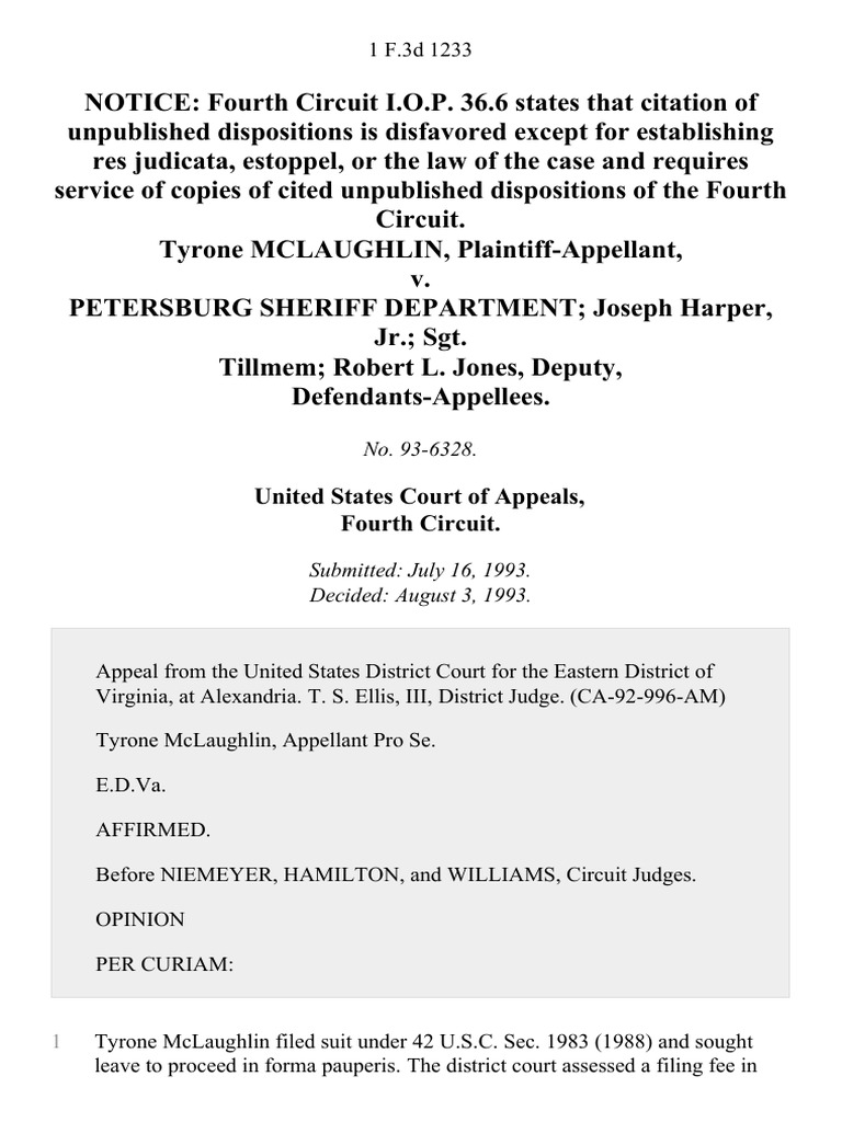Tyrone McLaughlin v. Petersburg Sheriff Department Joseph Harper, Jr. Sgt. Tillmem Robert L ...