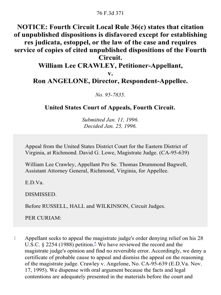 William Lee Crawley v. Ron Angelone, Director, 76 F.3d 371, 4th Cir ...
