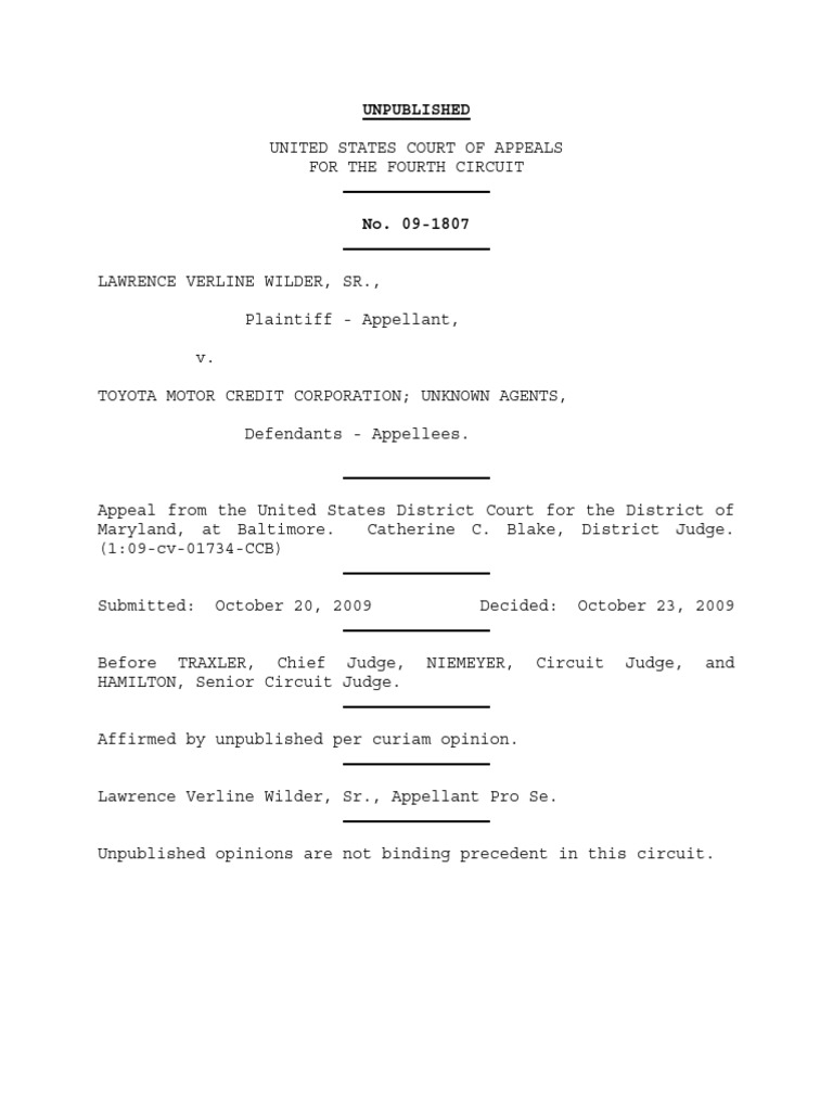 Wilder v. Toyota Motor Credit Corporation, 4th Cir. (2009) | PDF ...