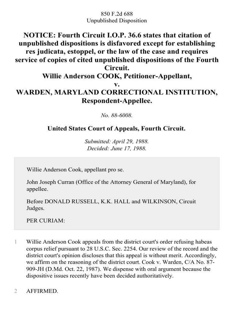Willie Anderson Cook v. Warden, Maryland Correctional Institution, 850 F.2d 688, 4th Cir. (1988 ...