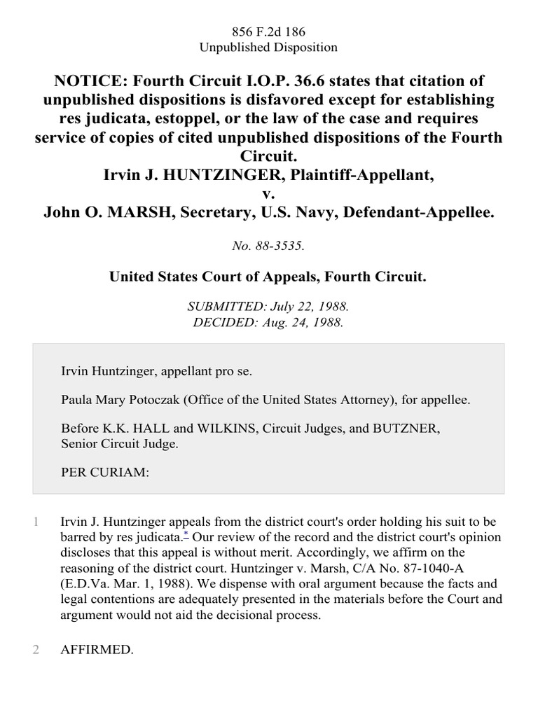 Irvin J. Huntzinger v. John O. Marsh, Secretary, U.S. Navy, 856 F.2d ...