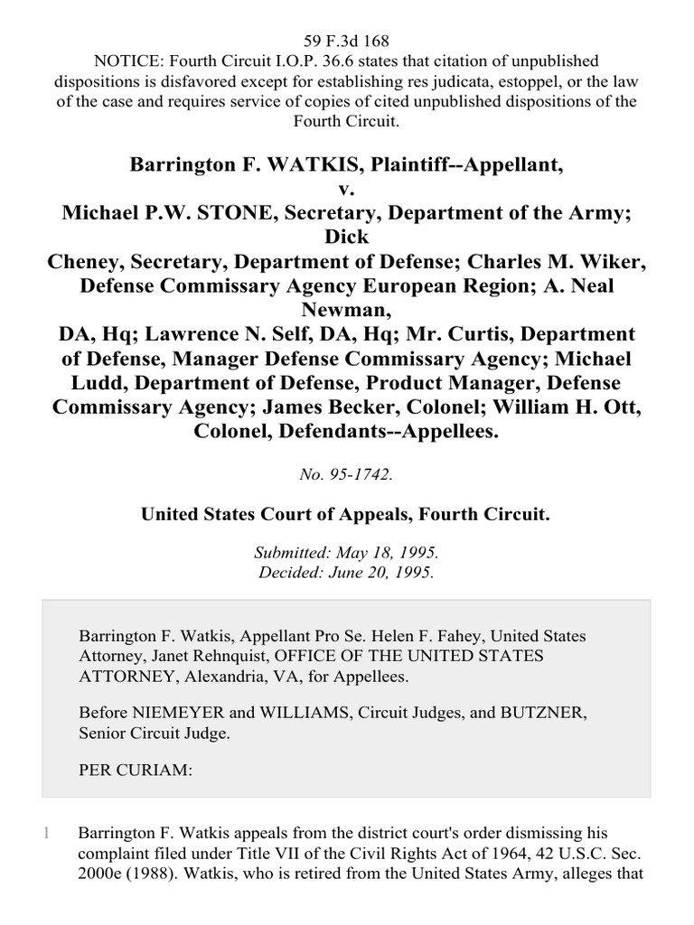 Watkis v. Stone: Title VII Appeal Decision | PDF
