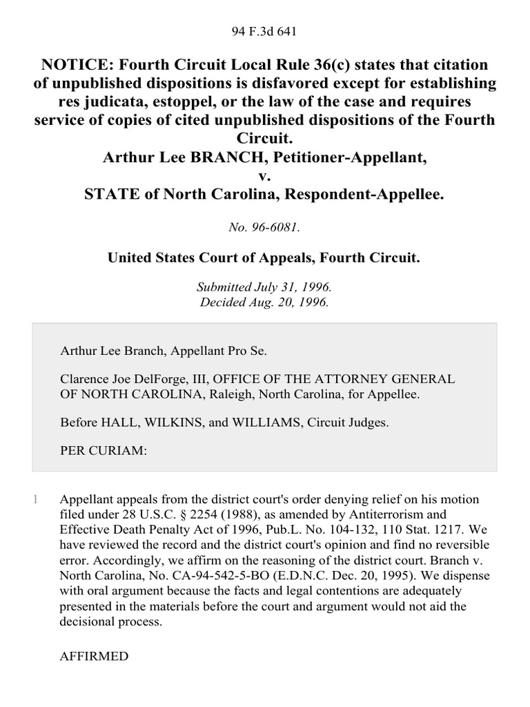 Arthur Lee Branch v. State of North Carolina, 94 F.3d 641, 4th Cir ...