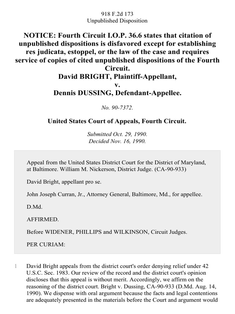 David Bright v. Dennis Dussing, 918 F.2d 173, 4th Cir. (1990) | PDF | Law