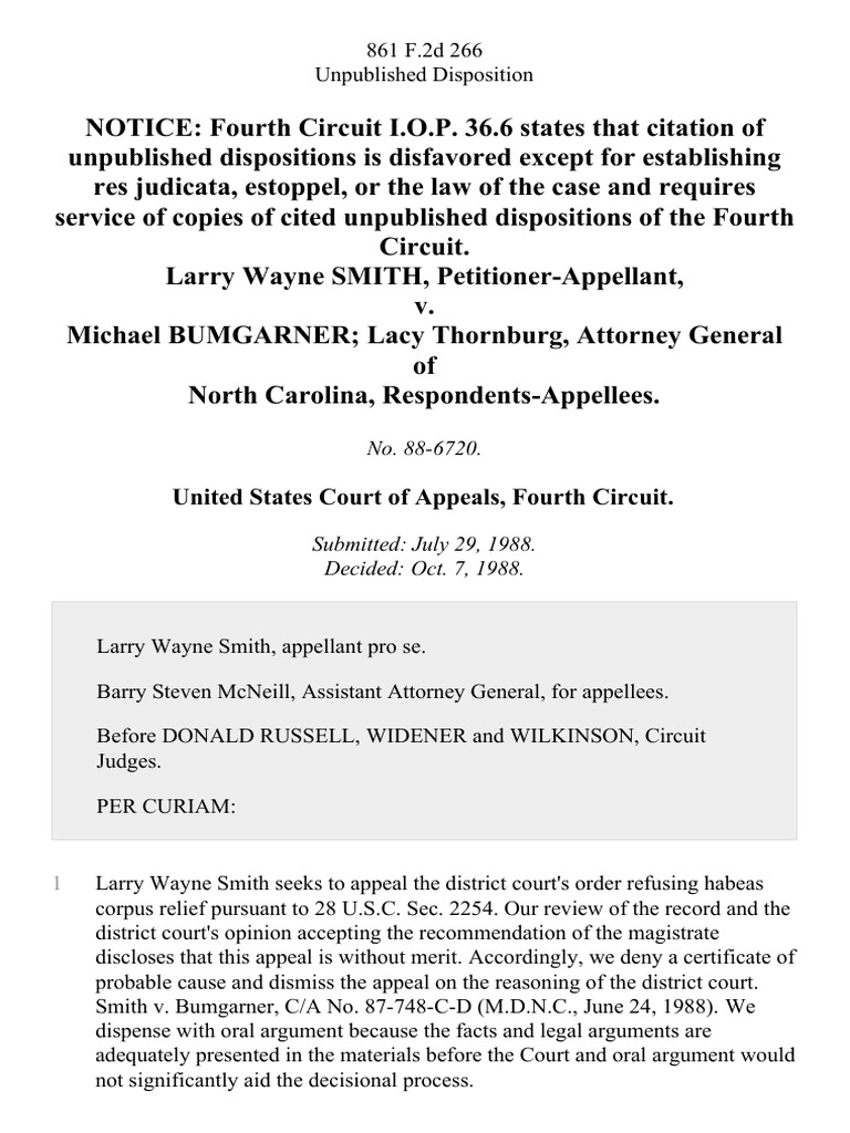 Larry Wayne Smith v. Michael Bumgarner Lacy Thornburg, Attorney General ...