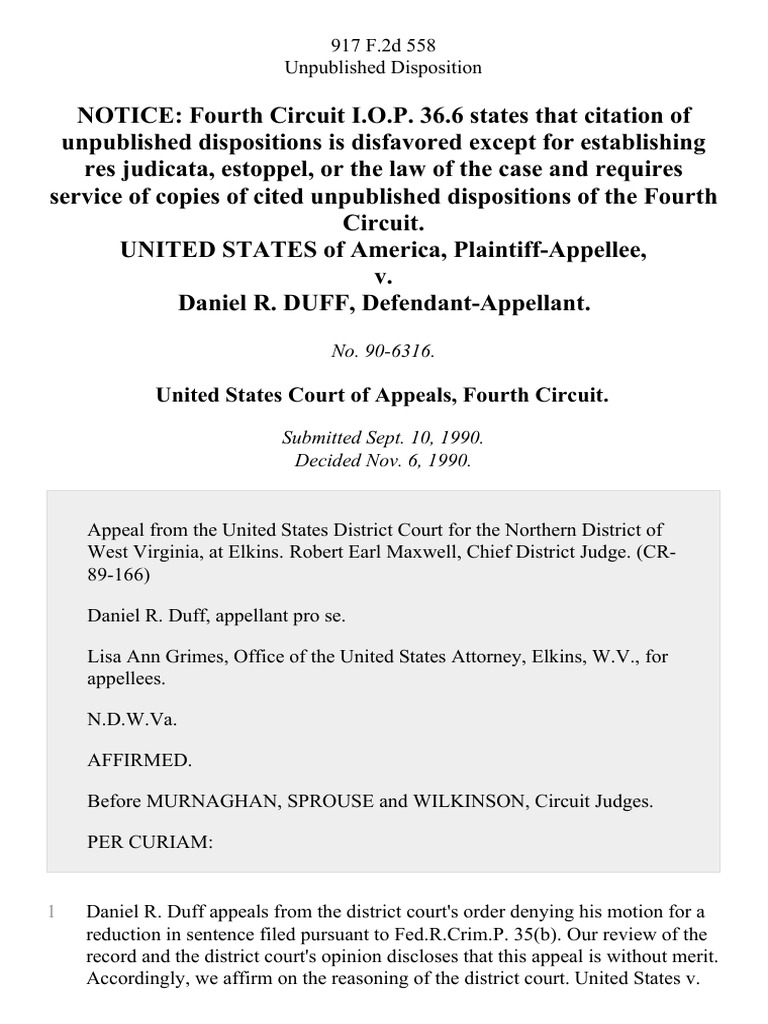 United States v. Daniel R. Duff, 917 F.2d 558, 4th Cir. (1990) | PDF